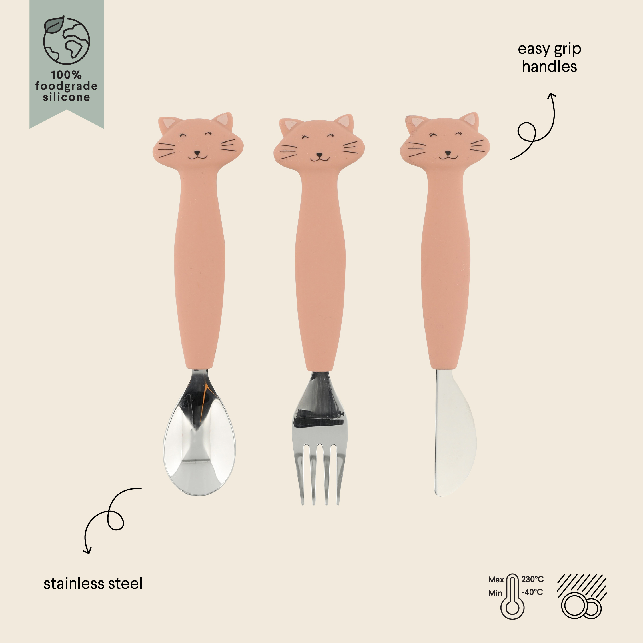 Stainless Steel Cutlery Set With Silicone Handle - Mrs. Cat - Bubbleeboo